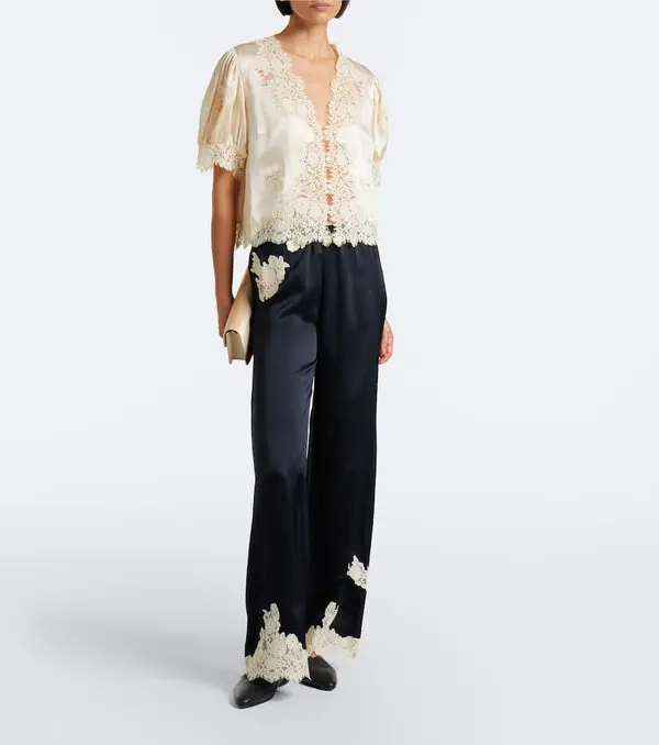 DÔEN Lavon Lace-trimmed Silk Satin Straight Pants