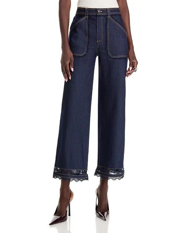 Cinq À Sept Benji Guipure Lace Trim Mid Rise Wide Leg Jeans - Indigo
