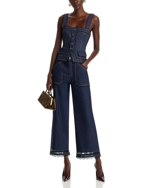 Cinq À Sept Benji Guipure Lace Trim Mid Rise Wide Leg Jeans