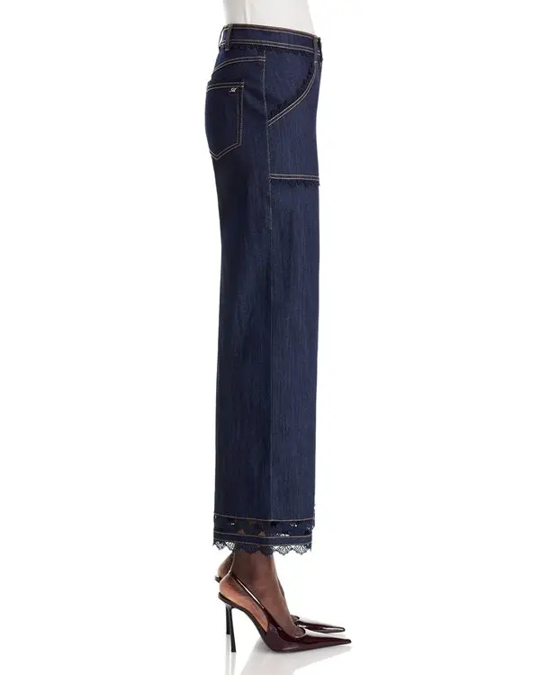Cinq À Sept Benji Guipure Lace Trim Mid Rise Wide Leg Jeans