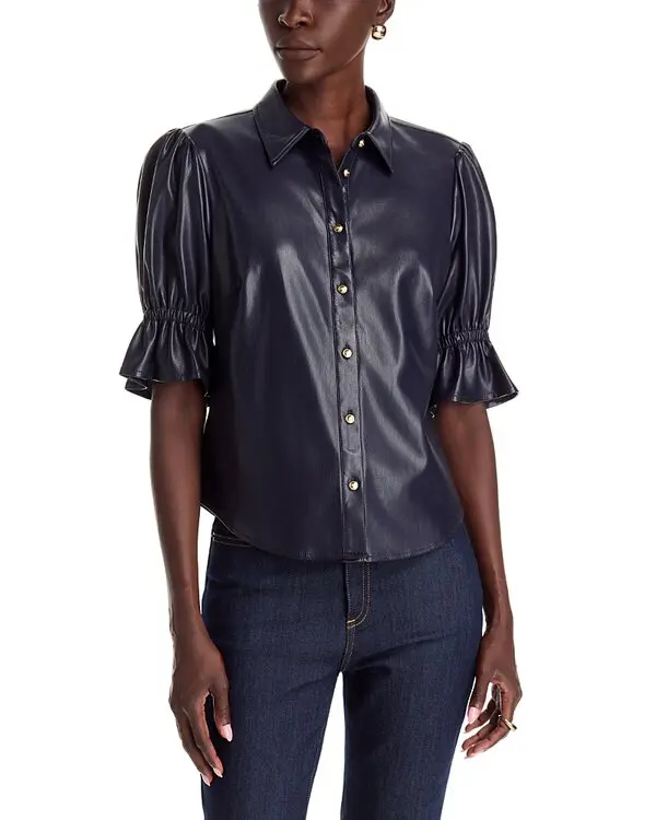 Cinq À Sept Fiona Lite Faux Leather Flare Cuff Top - Navy