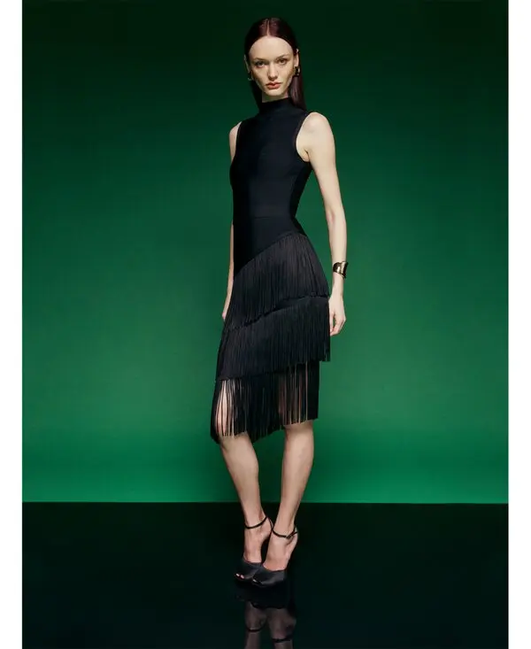 Herve Leger The Cassi Fringe Hem Dress - Black