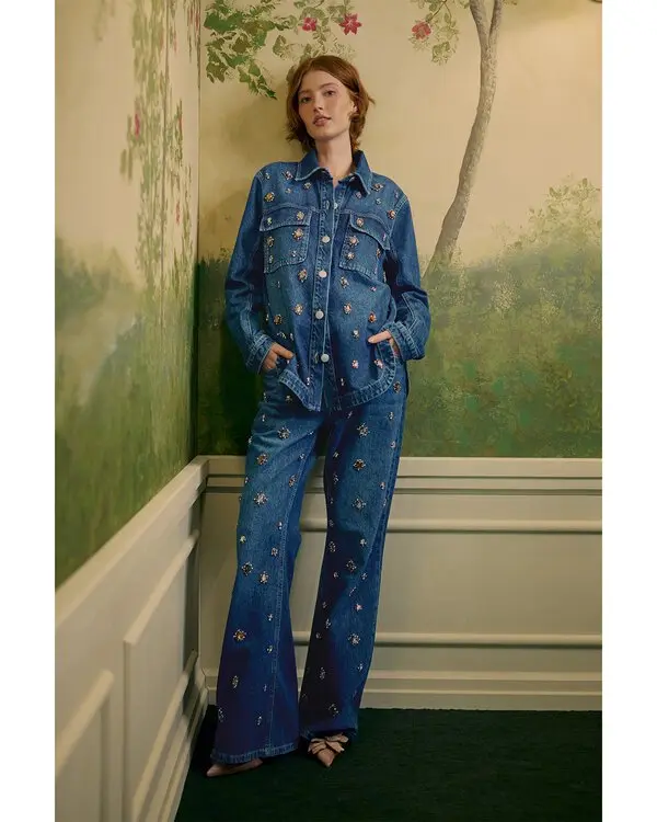 Farm Rio Gem Embellished High Rise Flare Jeans