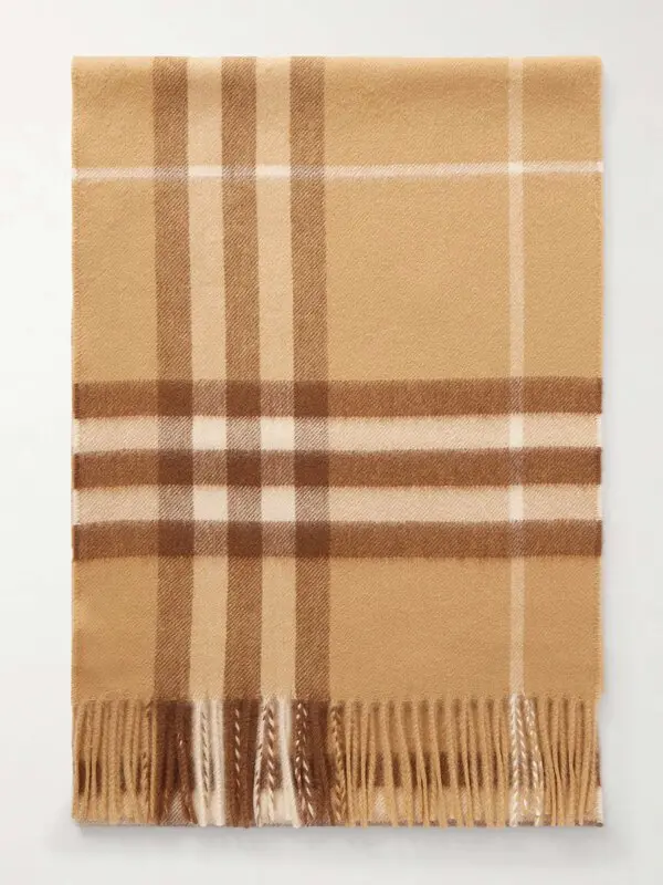 Burberry Fringed Checked Cashmere Scarf - Beige