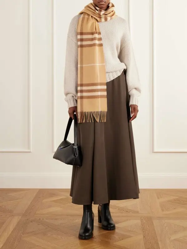 Burberry Fringed Checked Cashmere Scarf - Beige