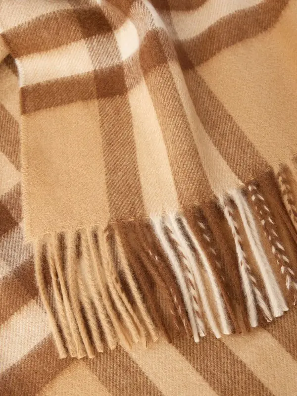Burberry Fringed Checked Cashmere Scarf - Beige