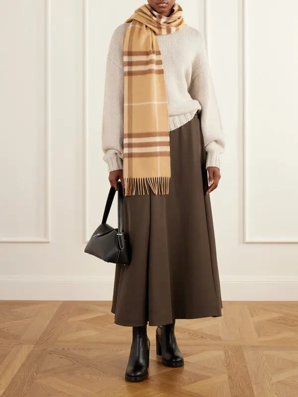 Burberry Fringed Checked Cashmere Scarf - Neutrals