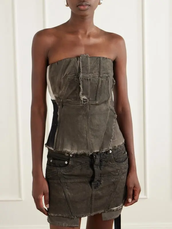 Rick Owens Paneled Frayed Stretch-denim Top - Gray