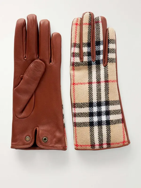Burberry Checked Leather And Wool Gloves - Beige