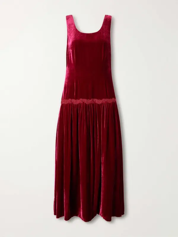 Loretta Caponi Estela Open-back Lace-trimmed Velvet Maxi Dress - Red