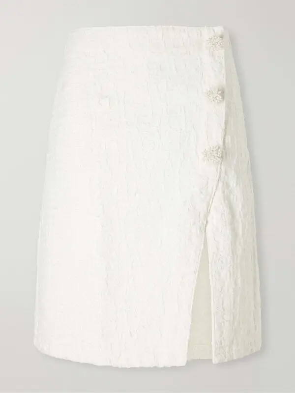 SELF-PORTRAIT Floral-embellished Denim Midi Skirt - Cream
