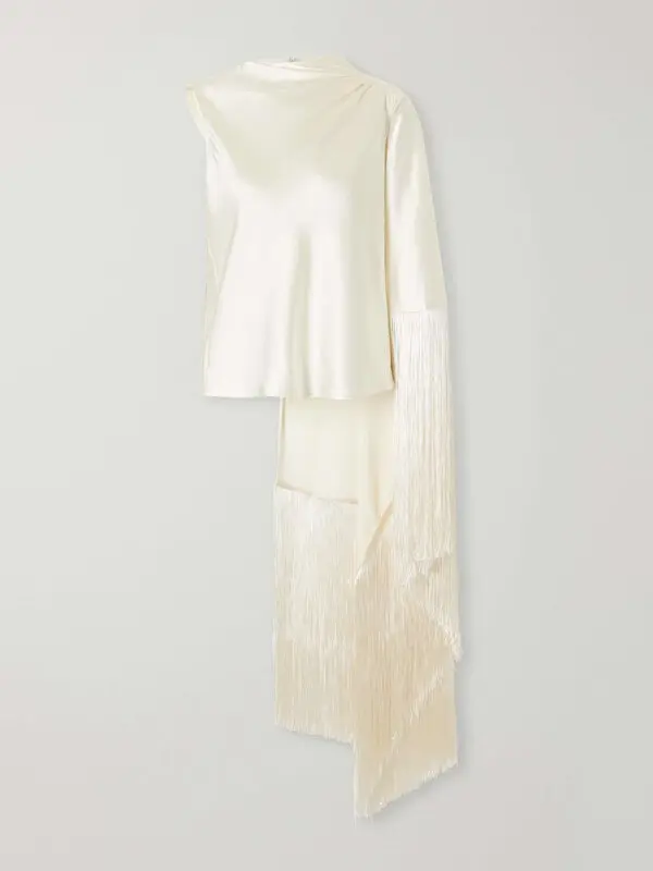 SELF-PORTRAIT Asymmetric Fringed Satin Cami - Cream