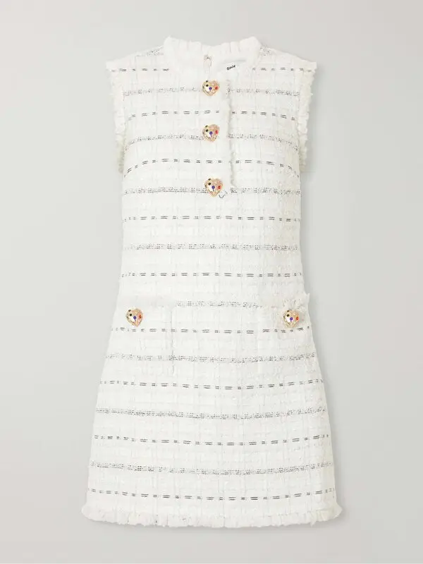 SELF-PORTRAIT Embellished Frayed Bouclé Mini Dress - White