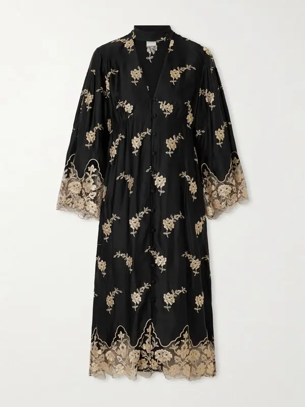 Loretta Caponi Floral-embroidered Lace-trimmed Satin Midi Dress - Black
