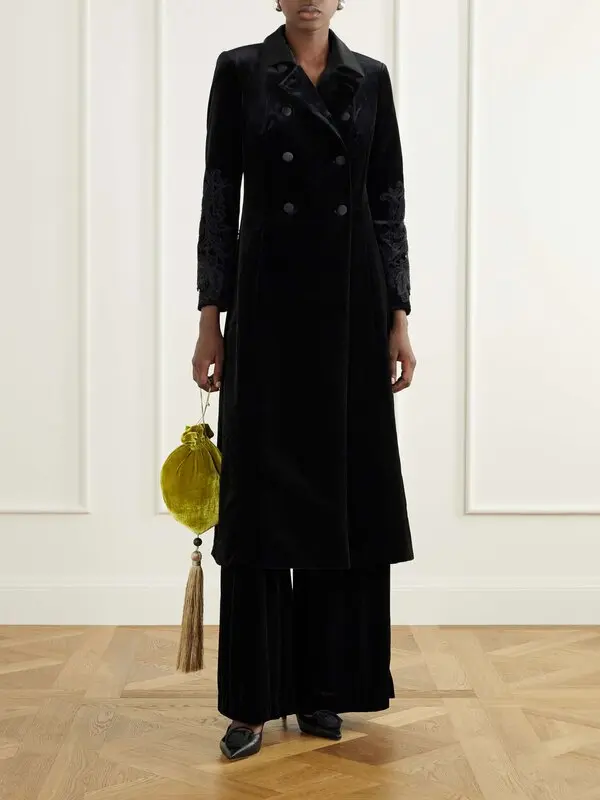 Loretta Caponi Rose Embroidered Velvet Coat
