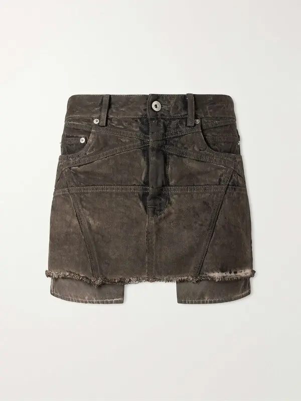 Rick Owens Lana Paneled Frayed Denim Mini Skirt - Gray