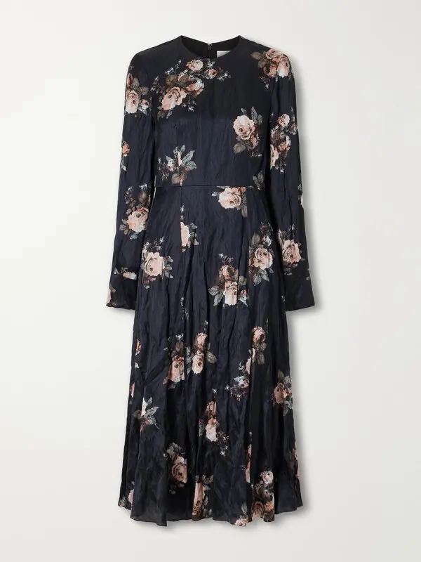 Erdem Floral-print Crinkled-satin Midi Dress - Black