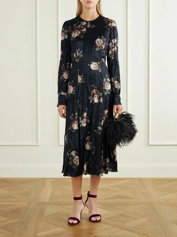 Erdem Floral-print Crinkled-satin Midi Dress - Black