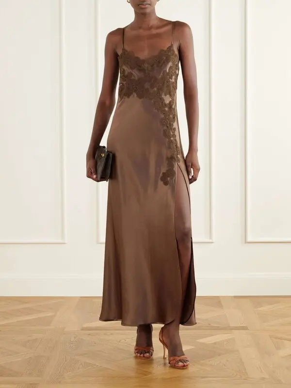 Loretta Caponi Grimilde Lace-trimmed Silk Maxi Dress - Brown