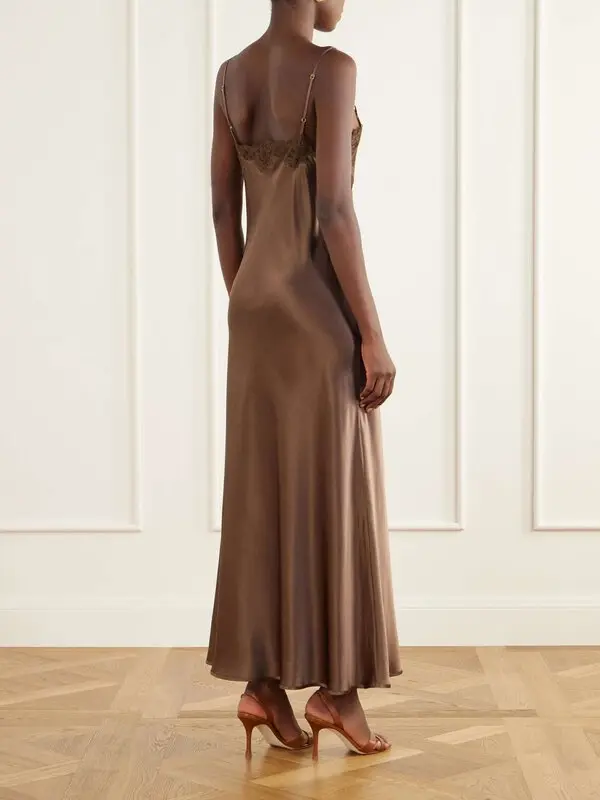Loretta Caponi Grimilde Lace-trimmed Silk Maxi Dress - Brown