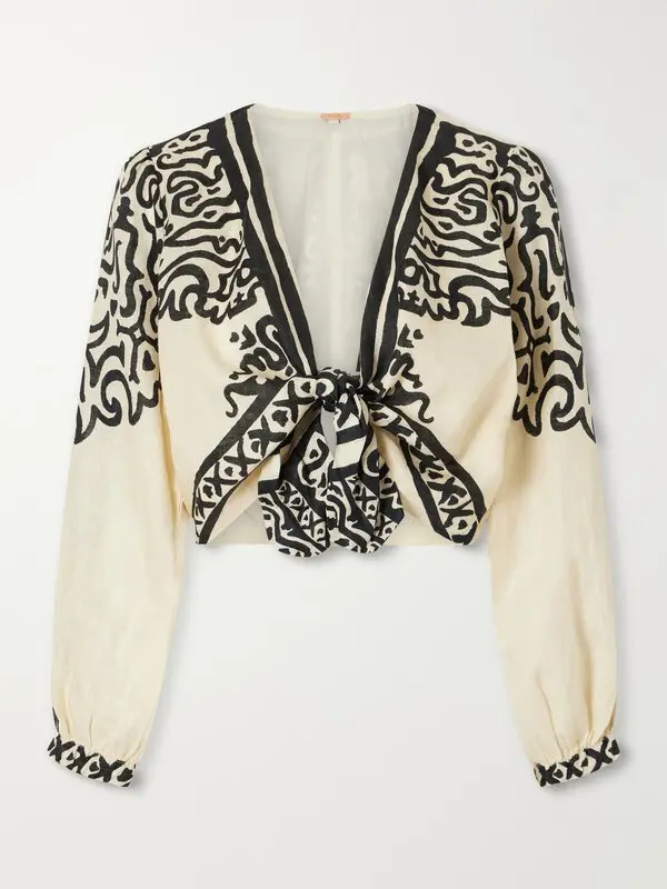 Johanna Ortiz Ancient Markings Tie-detailed Printed Linen Cropped Top - Neutrals