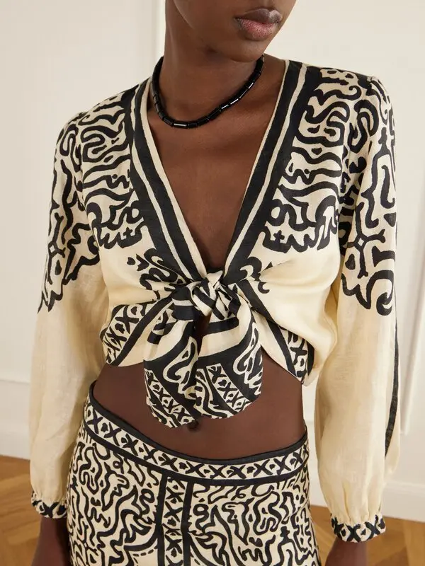 Johanna Ortiz Ancient Markings Tie-detailed Printed Linen Cropped Top - Neutrals