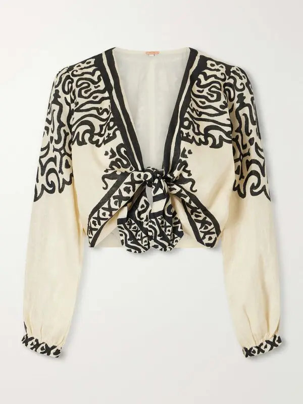 Johanna Ortiz Ancient Markings Tie-detailed Printed Linen Cropped Top - Off-white