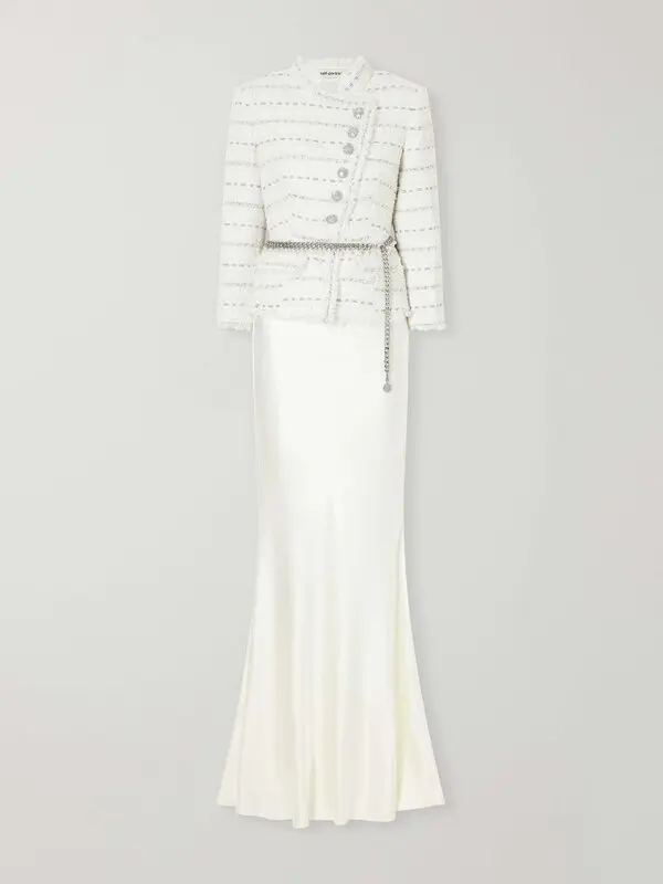 SELF-PORTRAIT Belted Satin And Bouclé Maxi Dress - White