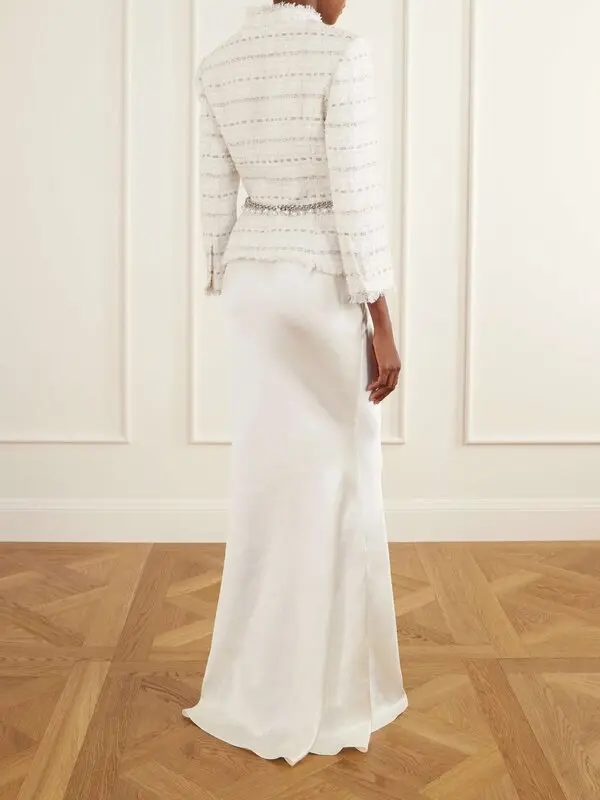 SELF-PORTRAIT Belted Satin And Bouclé Maxi Dress
