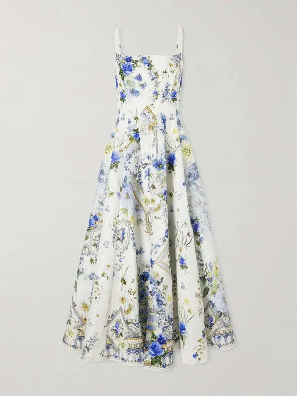 Camilla Embellished Floral-print Linen And Silk-blend Midi Dress - White