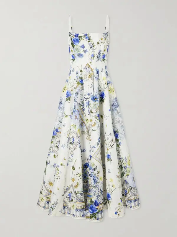 Camilla Embellished Floral-print Linen And Silk-blend Midi Dress - White