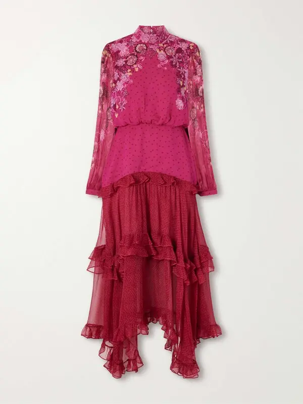 Saloni Jolie-c Asymmetric Tiered Floral-print Silk-georgette Maxi Dress - Pink