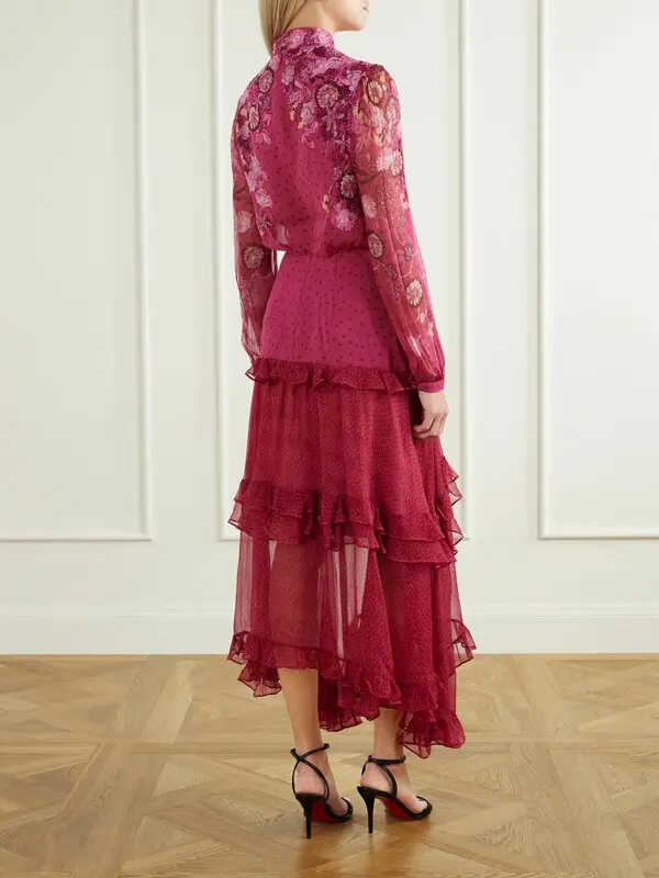 Saloni Jolie-c Asymmetric Tiered Floral-print Silk-georgette Maxi Dress - Pink