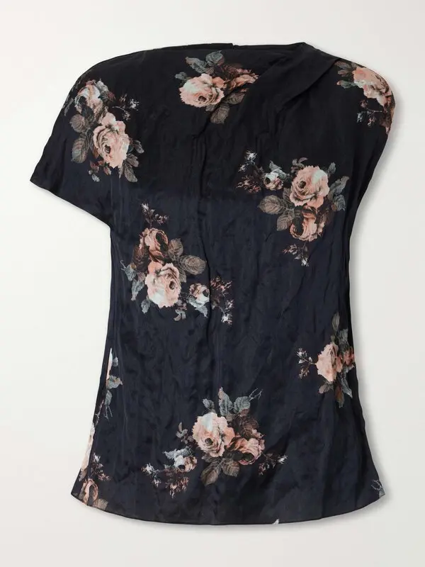 Erdem Asymmetric Draped Floral-print Metallic Crinkled-satin Blouse - Black