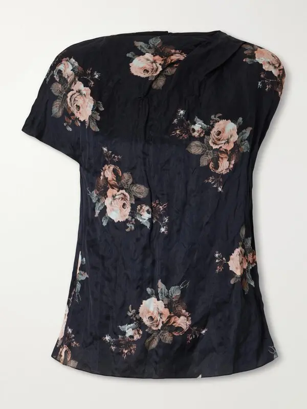 Erdem Asymmetric Draped Floral-print Metallic Crinkled-satin Blouse - Black