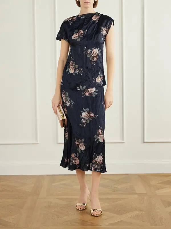 Erdem Asymmetric Draped Floral-print Metallic Crinkled-satin Blouse - Black