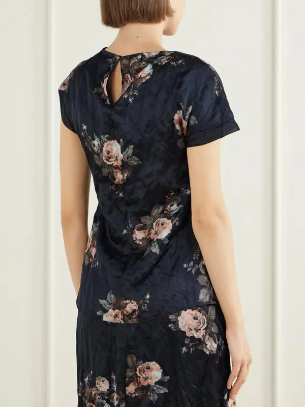 Erdem Asymmetric Draped Floral-print Metallic Crinkled-satin Blouse - Black
