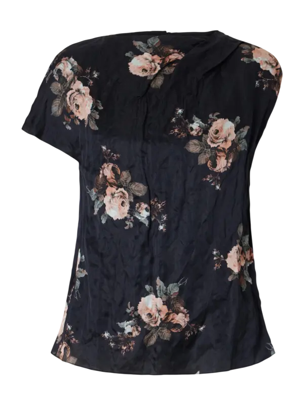 Erdem Asymmetric Draped Floral-print Metallic Crinkled-satin Blouse - Black
