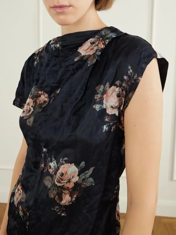 Erdem Asymmetric Draped Floral-print Metallic Crinkled-satin Blouse - Black