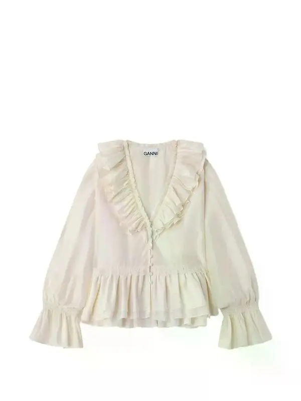 GANNI Ruffled Lace-trim Blouse - Neutrals