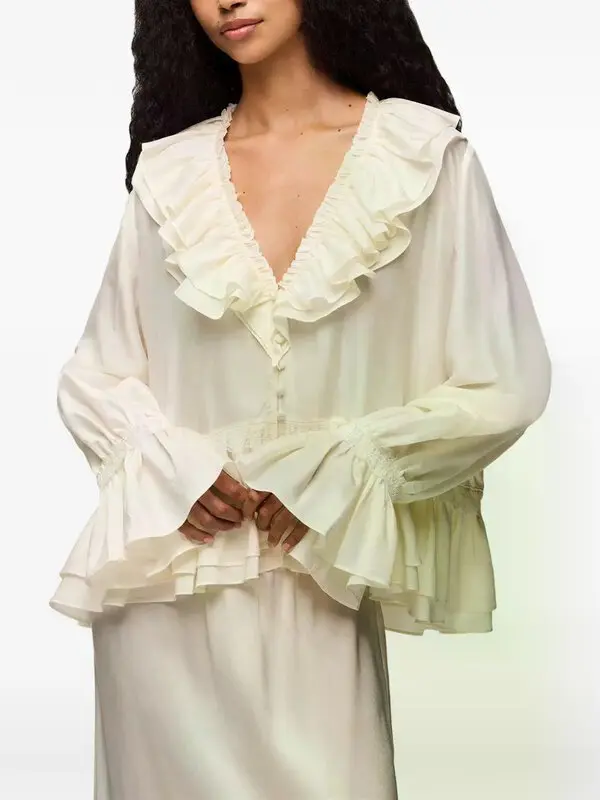 GANNI Ruffled Lace-trim Blouse - Neutrals