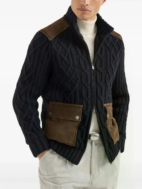 Brunello Cucinelli Cable Knit Cardigan In Cashmere Feather Yarn With Suede Inserts And Zipper - Blue