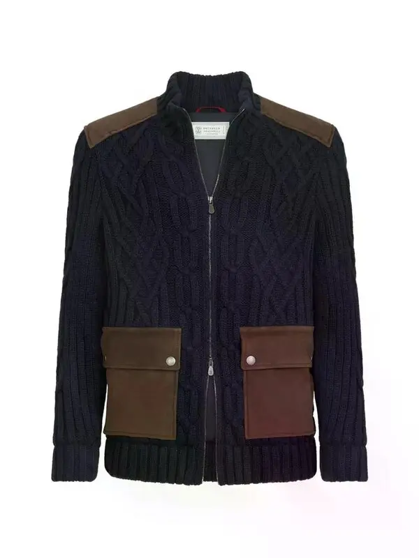 Brunello Cucinelli Cashmere Feather Yarn Cable Knit Cardigan With Suede Inserts - Blue