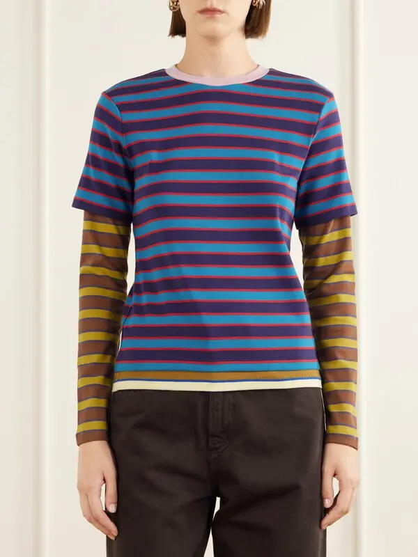 Staud Dillon Layered Striped Stretch Cotton-jersey T-shirt - Blue