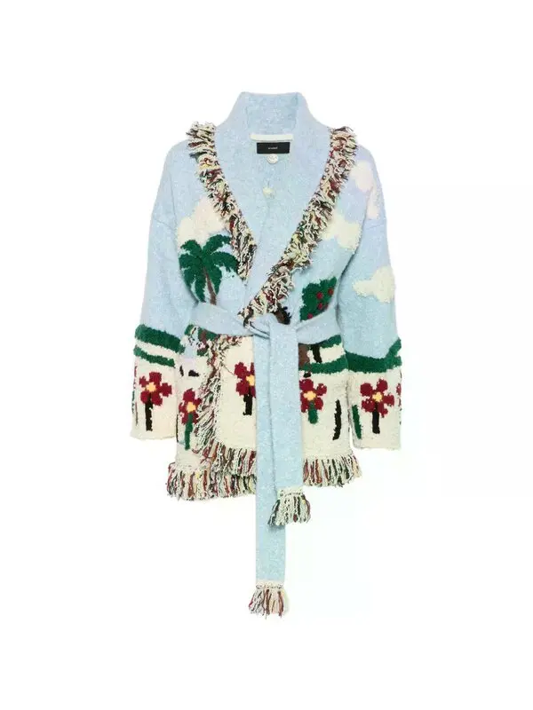 Alanui Fringe-trim Intarsia-knit Cardigan - Blue