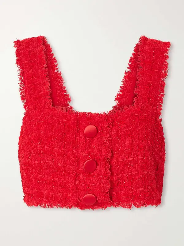 Dolce & Gabbana Cropped Frayed Metallic Cotton-blend Tweed Top - Red