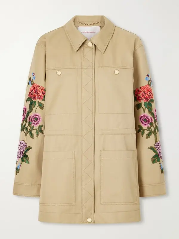 Carolina Herrera Floral-embroidered Cotton-gabardine Jacket - Brown