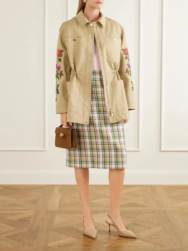Carolina Herrera Floral-embroidered Cotton-gabardine Jacket - Brown