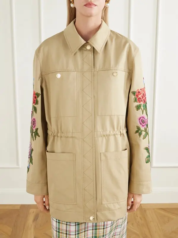 Carolina Herrera Floral-embroidered Cotton-gabardine Jacket - Brown