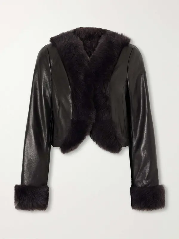 Nour Hammour Sofie Cropped Shearling-trimmed Leather Jacket - Black